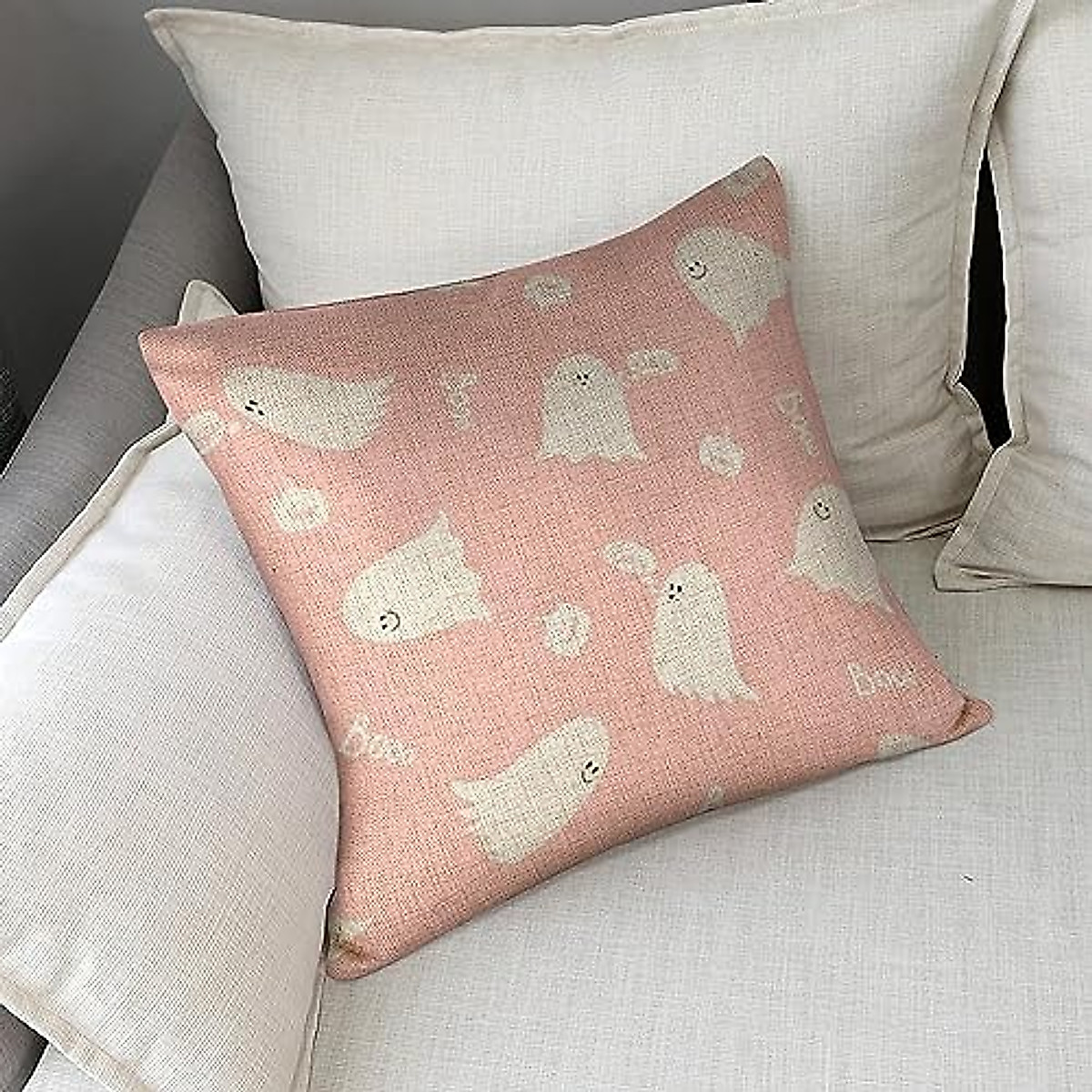 Ghost Pumpkin Halloween Throw Pillow Covers 18×18 Pillowcases Set of 1 Autumn Pattern Linen Decorative Square Pillow Case Cushion Covers Standard Size for Sofa Couch Outdoor Bed Pillow Protectors