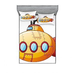 Ambesonne Yellow Submarine Fitted Sheet & Pillow Sham Set, Sea Theme Design in Cartoon Style Illustration of a Submarine Print, Decorative Printed 6 Piece Bedding Decor Set, King, Orange and Yellow