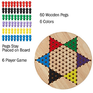 Chinese Checkers Game Set with 11 inch Wooden Board and Traditional Pegs, Game for Adults, Boys and Girls by Hey! Play!