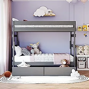 Flieks Twin Over Twin Wood Bunk Bed with 2 Drawers, Gray