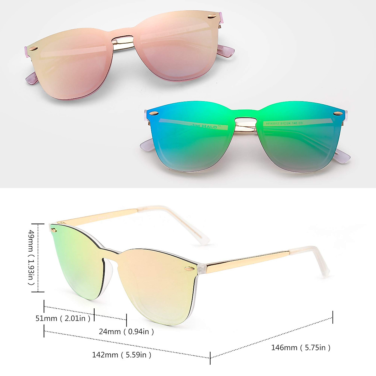 JIM HALO Trendy Rimless Mirrored Sunglasses Reflective Sun Glasses for Women Men 2 Pack (Green & Pink)