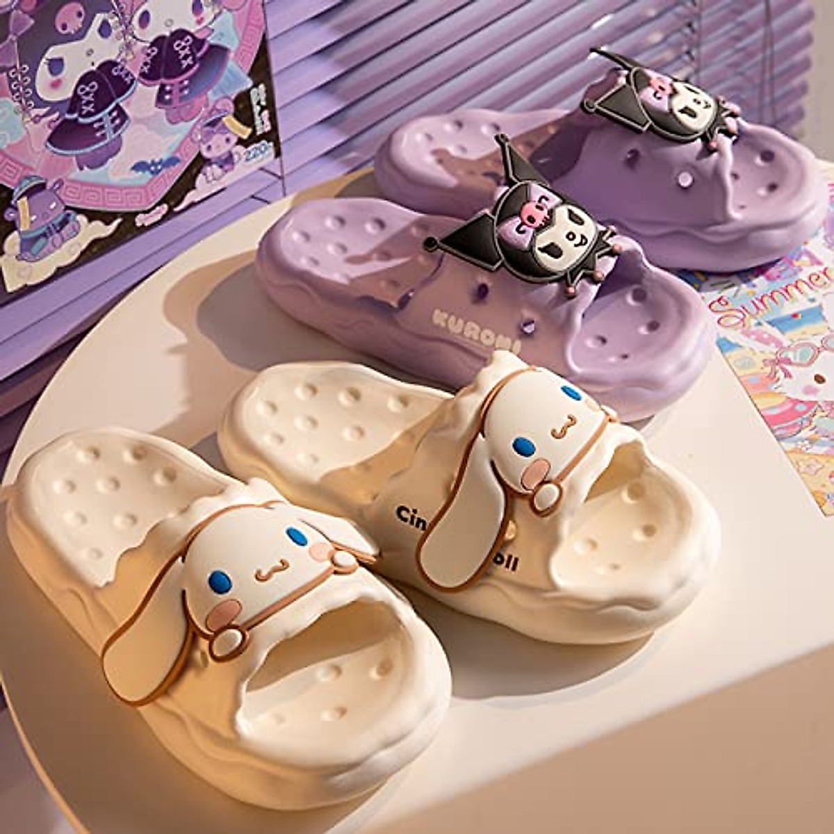 Ohjijinn Kawaii Slides Anime Summer Open Toe Pillow Slides Sandals, Funny Beach Slippers with Cushioned Thick Sole, Cloud Slides for Women