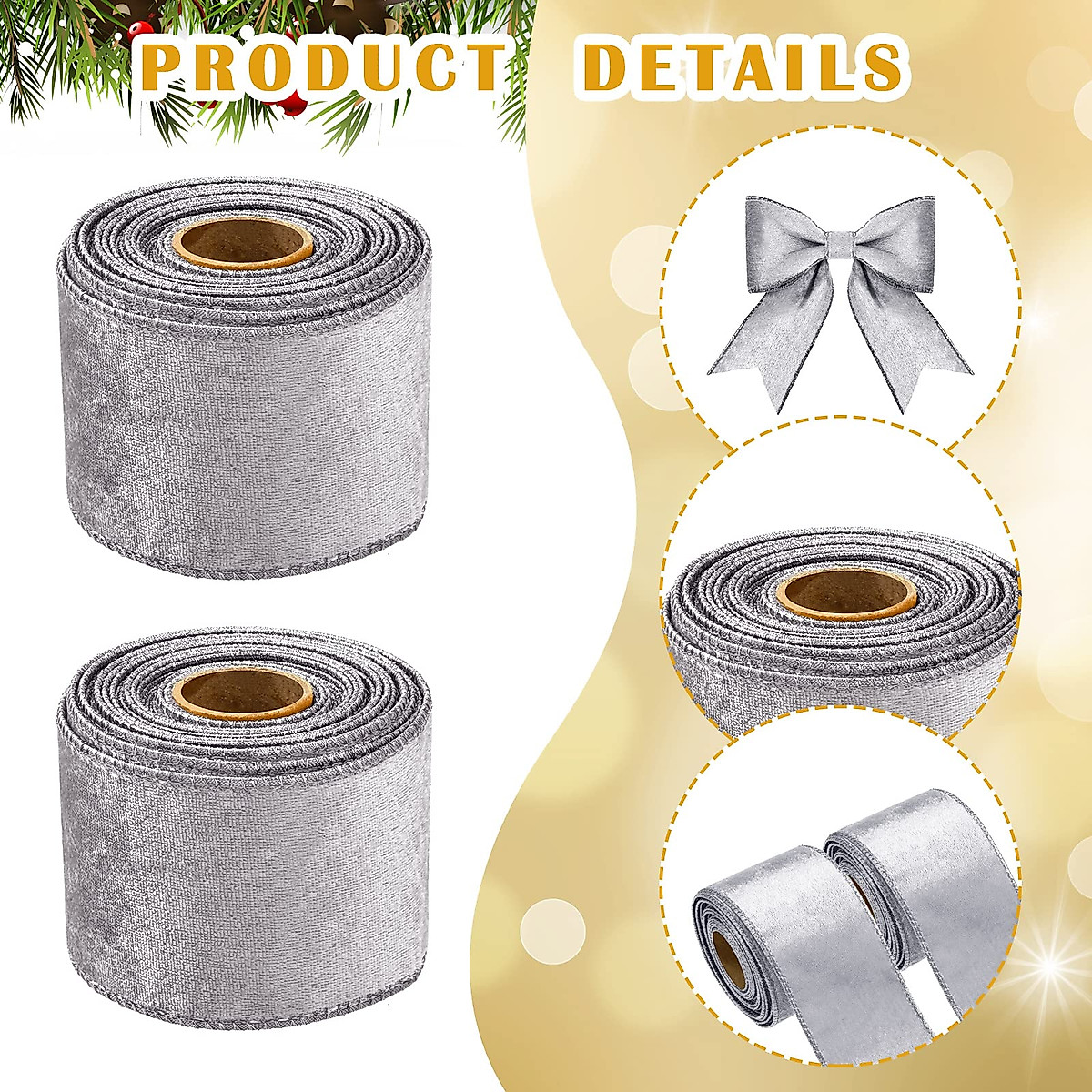 2 Rolls 2.5 Inch 10 Yards Christmas Velvet Ribbon Single Face Christmas Plain Velvet Ribbon for Gift Wrapping Crafts Christmas Wreath Tree Decor (Silver)