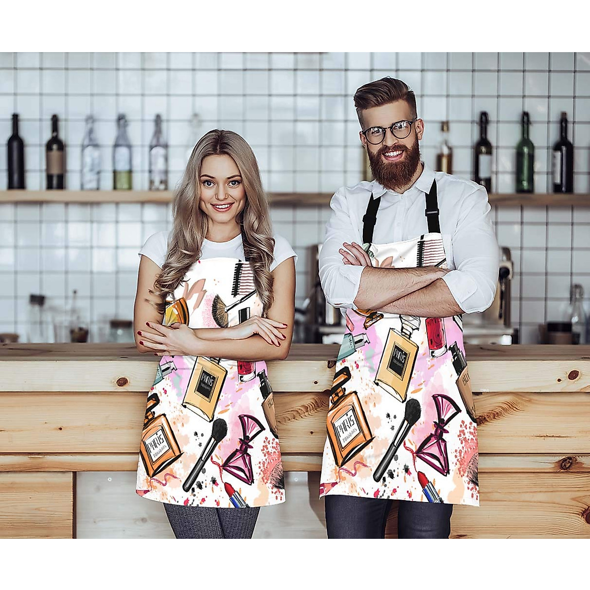 WONDERTIFY Cosmetics Apron,Women Cosmetics Perfume Lipstick Series Bib Apron with Adjustable Neck for Men Women,Suitable for Home Kitchen Cooking Waitress Chef Grill Bistro Baking BBQ Apron