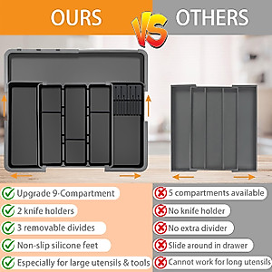 Homecor Utensil Drawer Organizer, Large Expandable Silverware Organizer for Kitchen Drawer, Cooking Utensils Tray Cutlery Flatware Holder with Removable Knife Blocks, Kitchen Gadgets Storage, Black