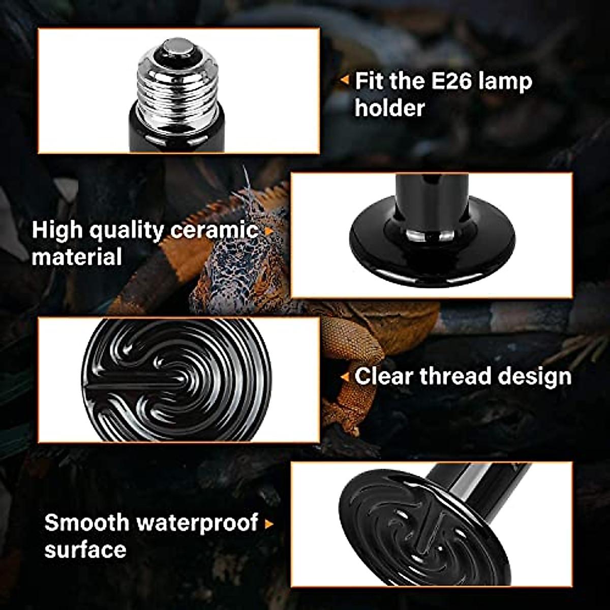 Simple Deluxe 25W Reptile Ceramic Heat Bulb No Light and 60W Dome Light Clamp lamp Fixture with 5.5 Inch Aluminum Reflector for Amphibian Pet Terrariums Habitat, Snake/Lizard/Spider, Black