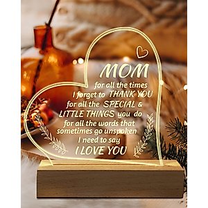 Hiipeenow Mom Birthday Gifts, Acrylic Engraved Night Light 15 * 19CM Presents, Mothers Day Christmas Gifts for Mom from Daughter Son