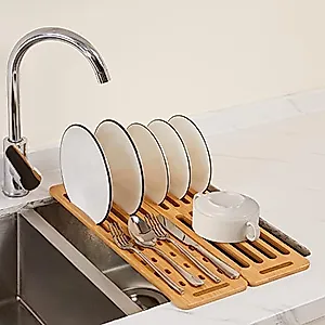 HOUSE AGAIN Foldable Bamboo Dish Drying Rack, Over The Sink Drying Rack, Dish Drainer for Kitchen Contertop, Multipurpose Over Sink Kitchen Accessories, Sturdy Bamboo Material, Hold up to 55lbs