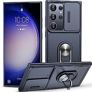 Simtect for Samsung Galaxy S23 Ultra Case with Camera Cover, [Military Drop Protection], Integrated 360 Degree Rotating Ring Kickstand, Protective Phone Case for Galaxy S23 Ultra Case 6.8 Inch- Black