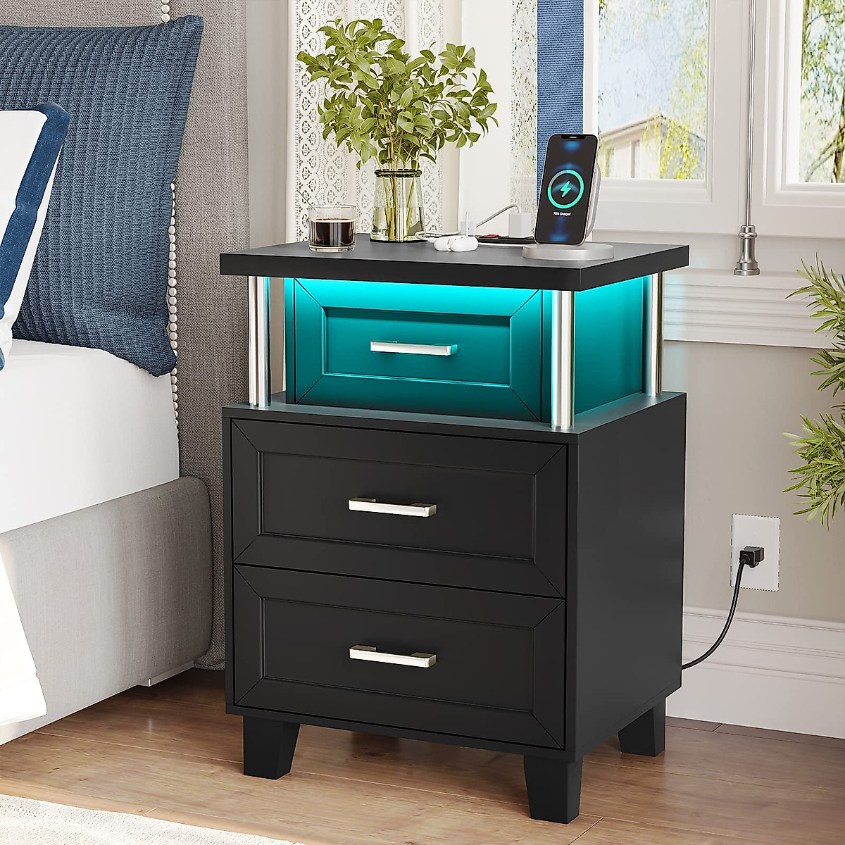 VIAGDO Black Nightstand Set of 2, LED Night Stand Set 2 with Charging Station, Modern Nightstand with 3 Drawers, Vintage Bedside Tables, End Side Table with Storage for Bedroom, Office