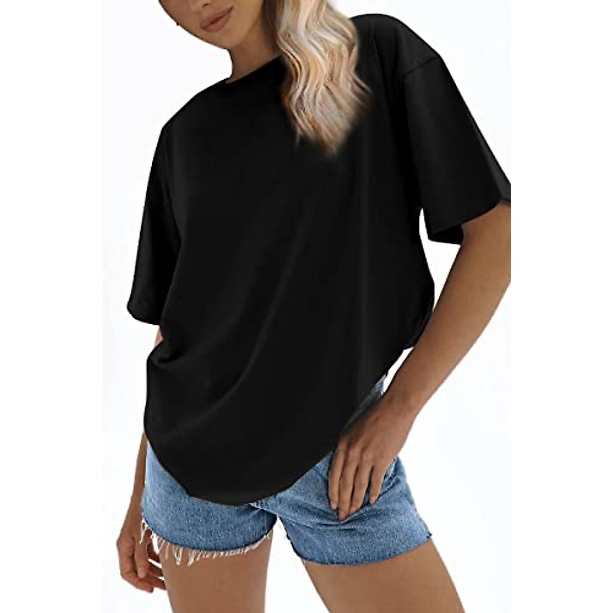 ATHMILE Womens Oversized T Shirts Loose Fit Crewneck Short Sleeve Tops Summer Casual Blouse Y2K Basic Tee 2023 Black