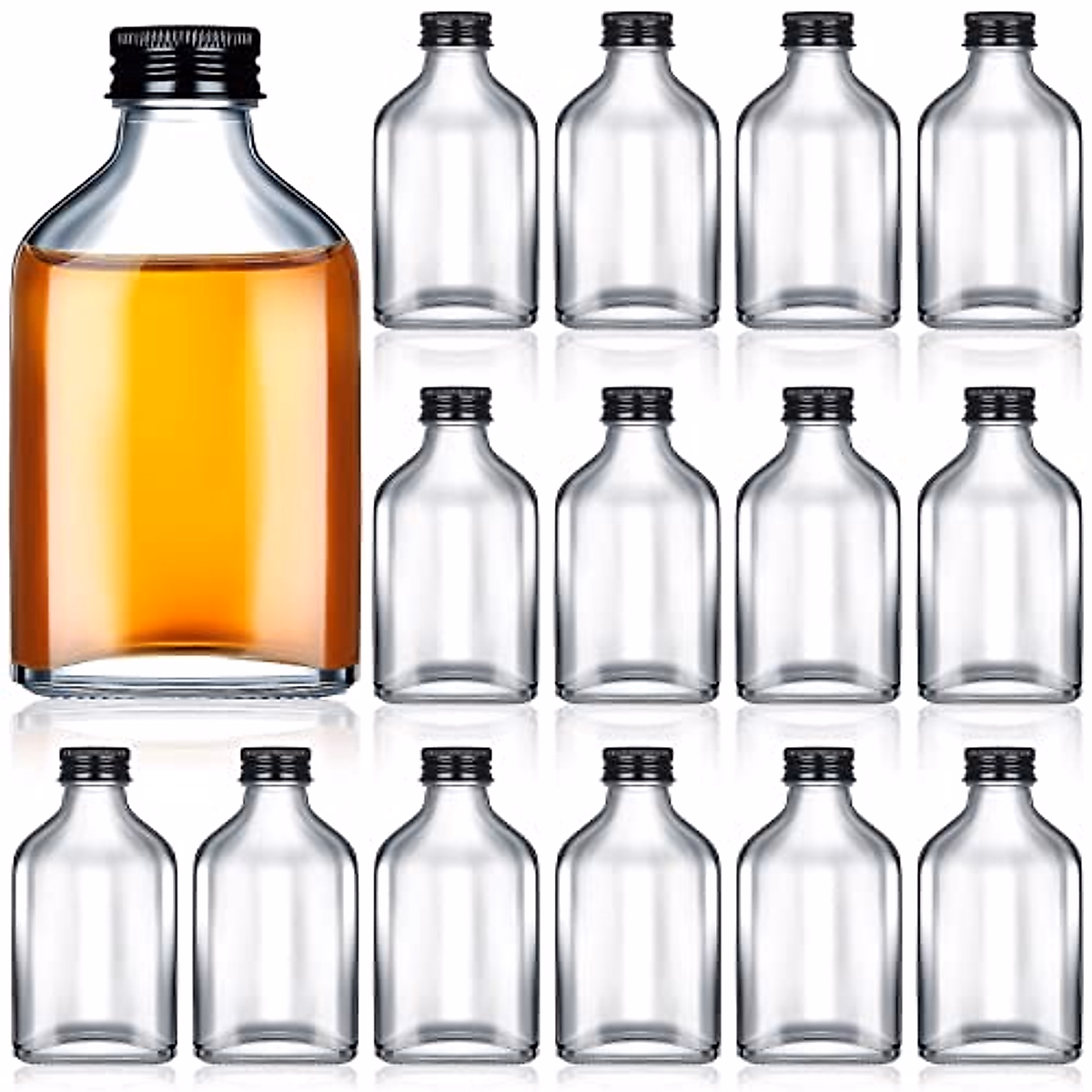 Mini Liquor Bottles Reusable Glass Flask Bottles with Black Caps Clear Empty Alcohol Shot Bottles Small Champagne Bottles DIY Gift for Halloween Birthday Weddings Party Favors (32 Pcs,100 ml)