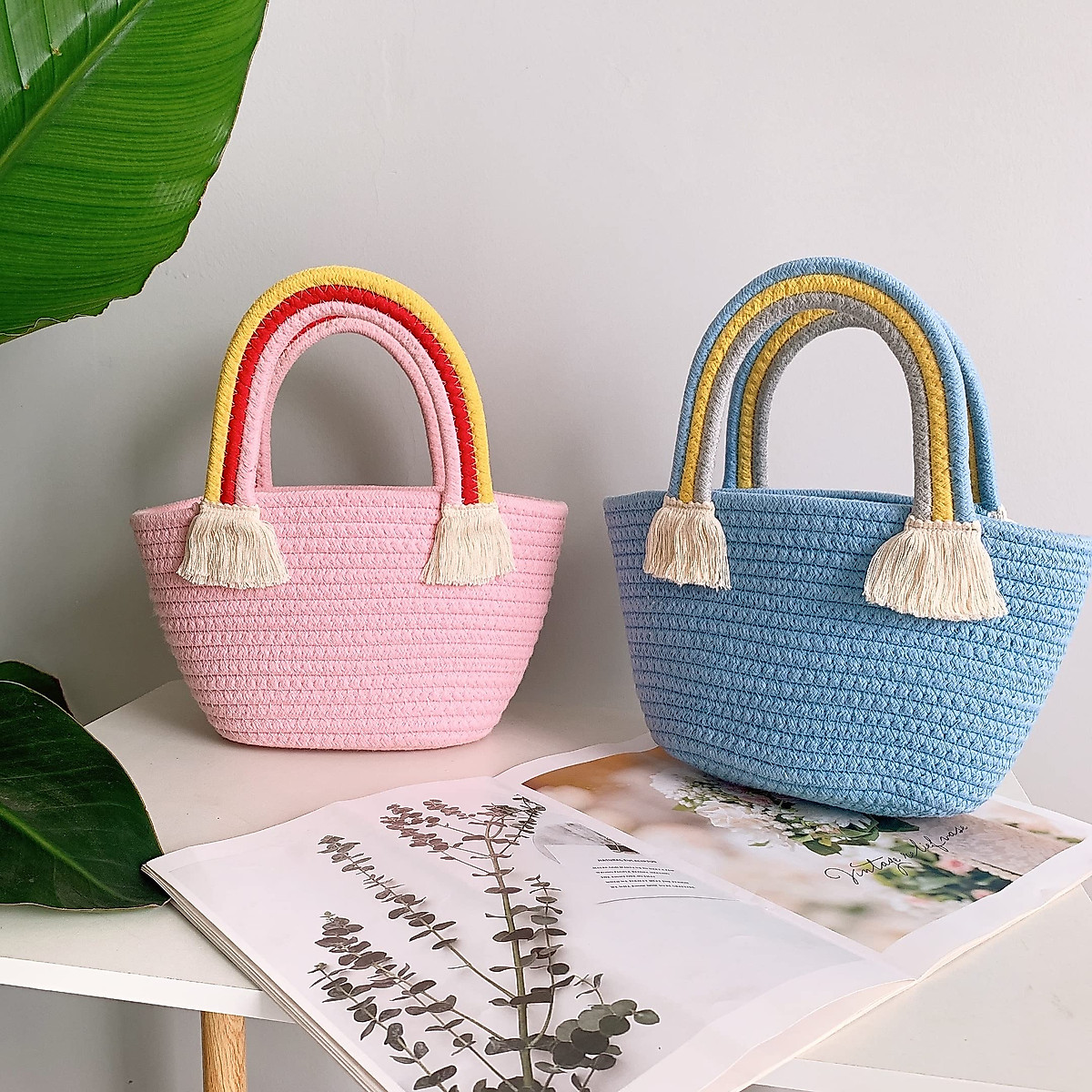 LOHGOU Women Girls Handwoven Cotton Handbag Rainbow Tassel Tote Bag Summer Beach Purse (Blue)