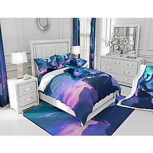Dragon Duvet Cover Set Queen Size,Blue Purple Nebula Galaxy Bedding Set Kids Boys Girls Room Decor,Mountain Wildlife Nature Comforter Cover 3Pcs,Western Magical Dragon Bedspreads Cover,2 Pillowcases