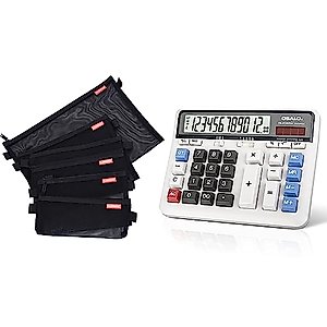 Desktop Calculator and 5pcs Mesh Zipper Pouch Bundle, 12-Digit Battery Solar Powered LCD Display Big Button Calculator, A4 A5 A6 Lightweight Nylon File Folders Document Organizer Cosmetic Bags