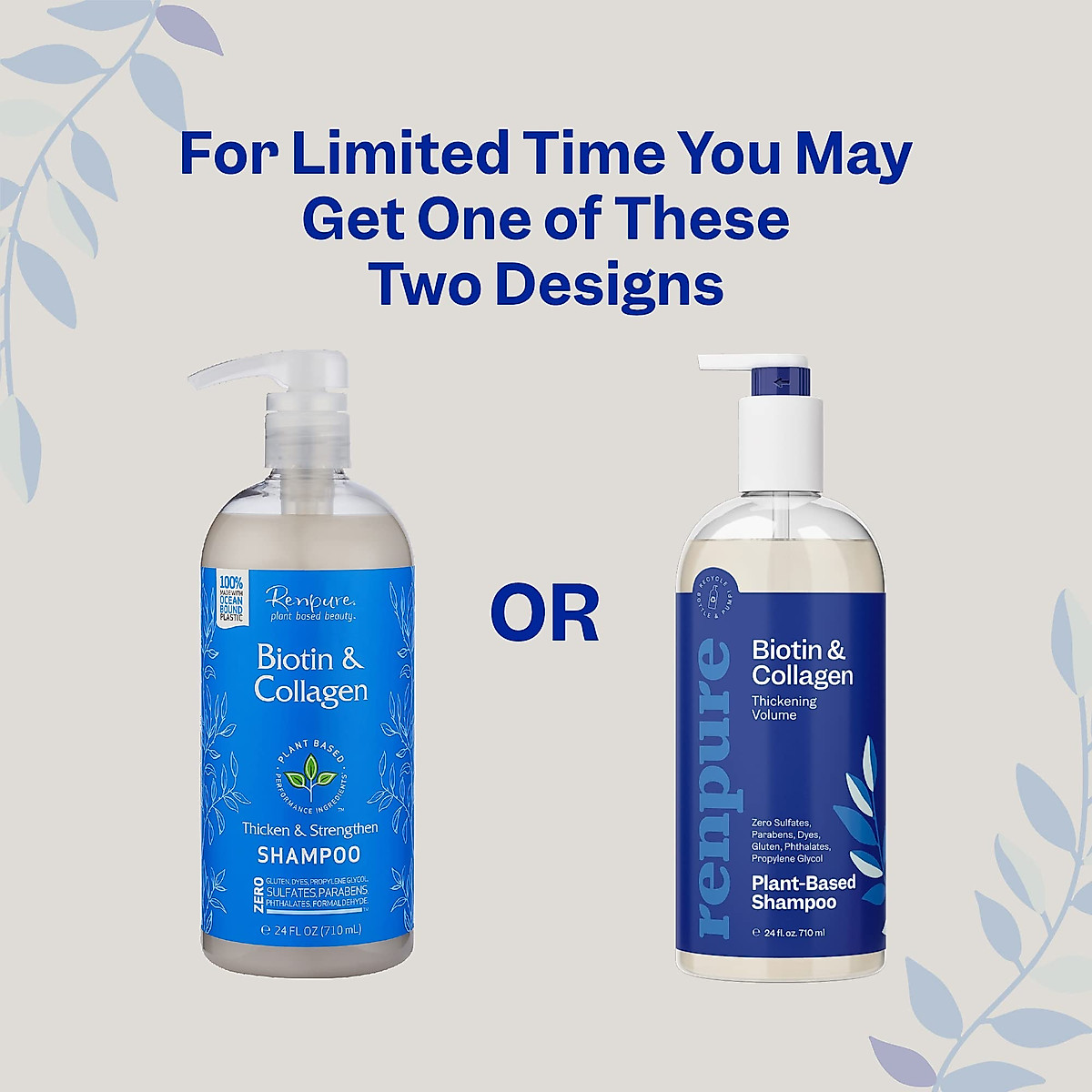 Renpure Plant Based Biotin and Collagen Thickening Volume Shampoo - Leaves Hair Looking Luscious - Rids Hair of Grime - Gentle Formula - Paraben Free - Recyclable, Pump Bottle Design - 24 fl oz