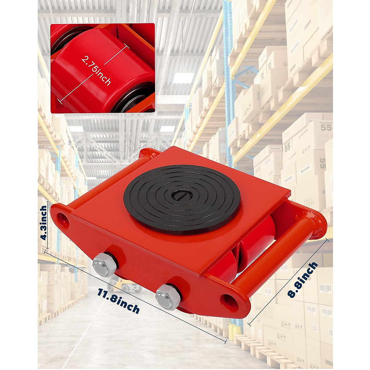 FAHKNS Machinery Moving Skate Heavy Duty Machinery Skates Cargo Mover 6T Machine Skates with 360° Rotation Cap 4 PU Rollers for Heavy Duty Industrial Moving Equipment(Red)