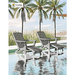 Ciokea Folding Adirondack Chair with Retractable Ottoman Fire Pit Patio Chair with Pull Out Foot Rest Weather Resistant Lawn Outdoor Lounge Chair with 2 Cup Holder (Grey)