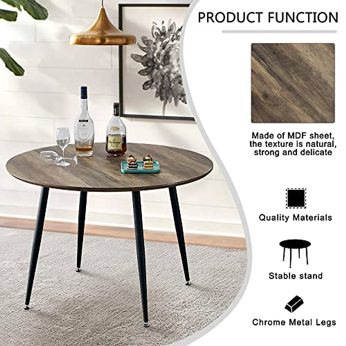 Wlvos 44.8" Round Dining Table for 4-6, Wood Round Kitchen Table with Powder Coating Adjustable Heigh Legs, Suitable for Living Room, Kitchen & Dining Room, Waiting Room, Natural