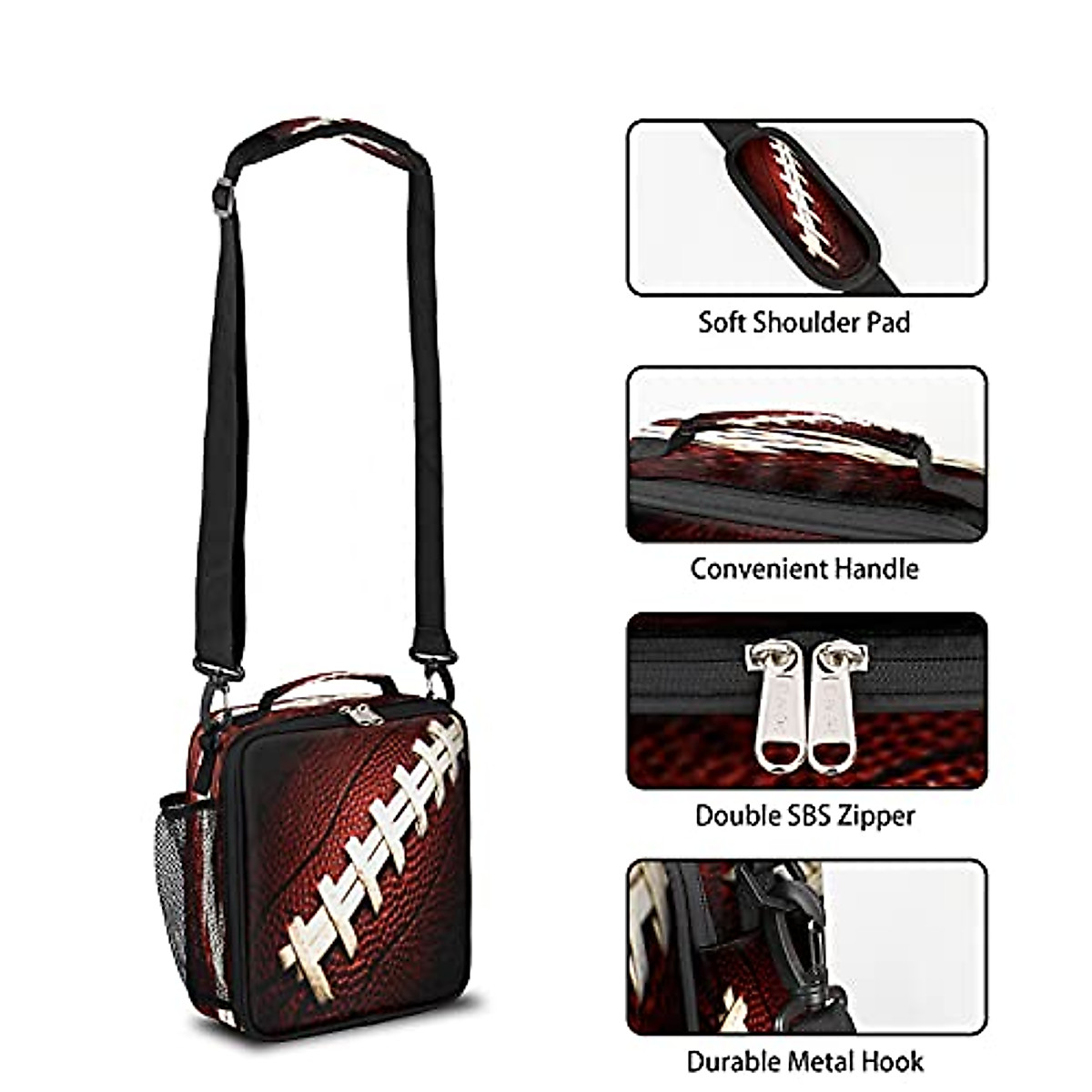 American Football Insulated Lunch Bag for School Office Work,Sport Football Reusable Lunch Tote Bag with Adjustable Shoulder Strap, Leakproof Lunch Box Cooler Bag for Women/Men