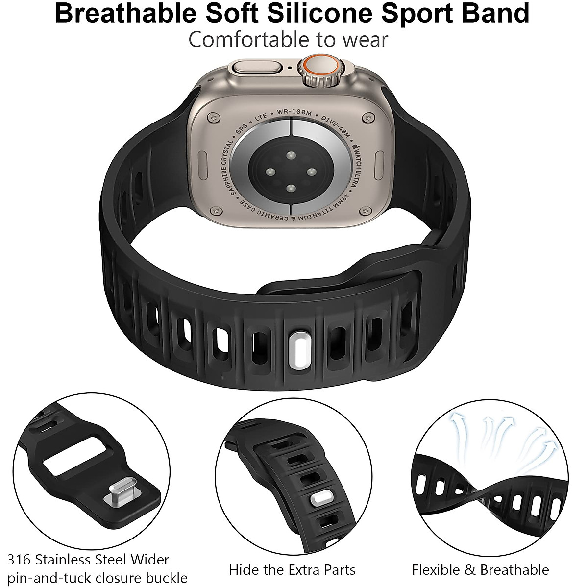 Wingle Sport Bands for Apple Watch Ultra 2 Band 49mm 45mm 44mm 42mm Series 9 8 7 for Men, Soft Silicone Rubber Watch Bands Waterproof Strap for iWatch Ultra/Ultra 2 SE Series 6 5 4 3 2 1, Black/Orange