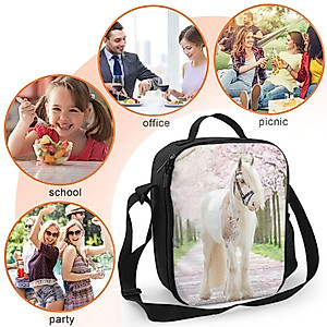 PrelerDIY White Horse Lunch Box - Insulated Lunch Box for Kids with Side Pocket & Shoulder Strap Lunch Bag, Perfect for School/Camping/Hiking/Picnic/Beach/Travel