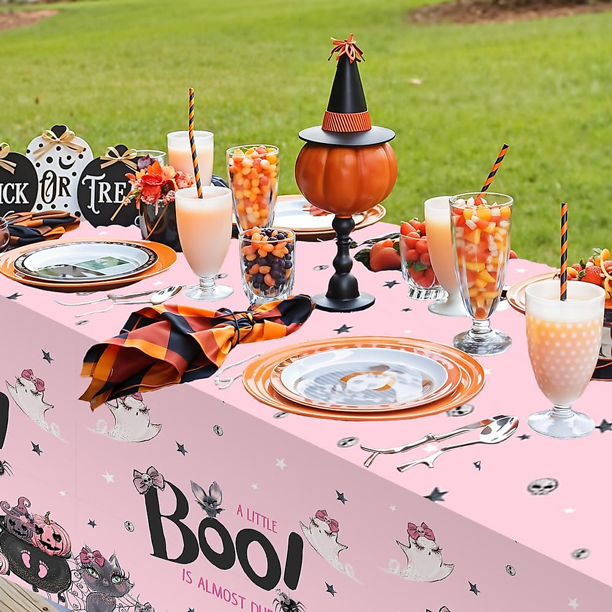 MEHOFOND 3 PCS Pink Halloween Baby Shower Plastic Tablecloths, Little Boo Baby Shower Disposable Table Cover Decorations, a Little Boo is Almost Due Disposable Tablecloth, Halloween Desk Party Decor