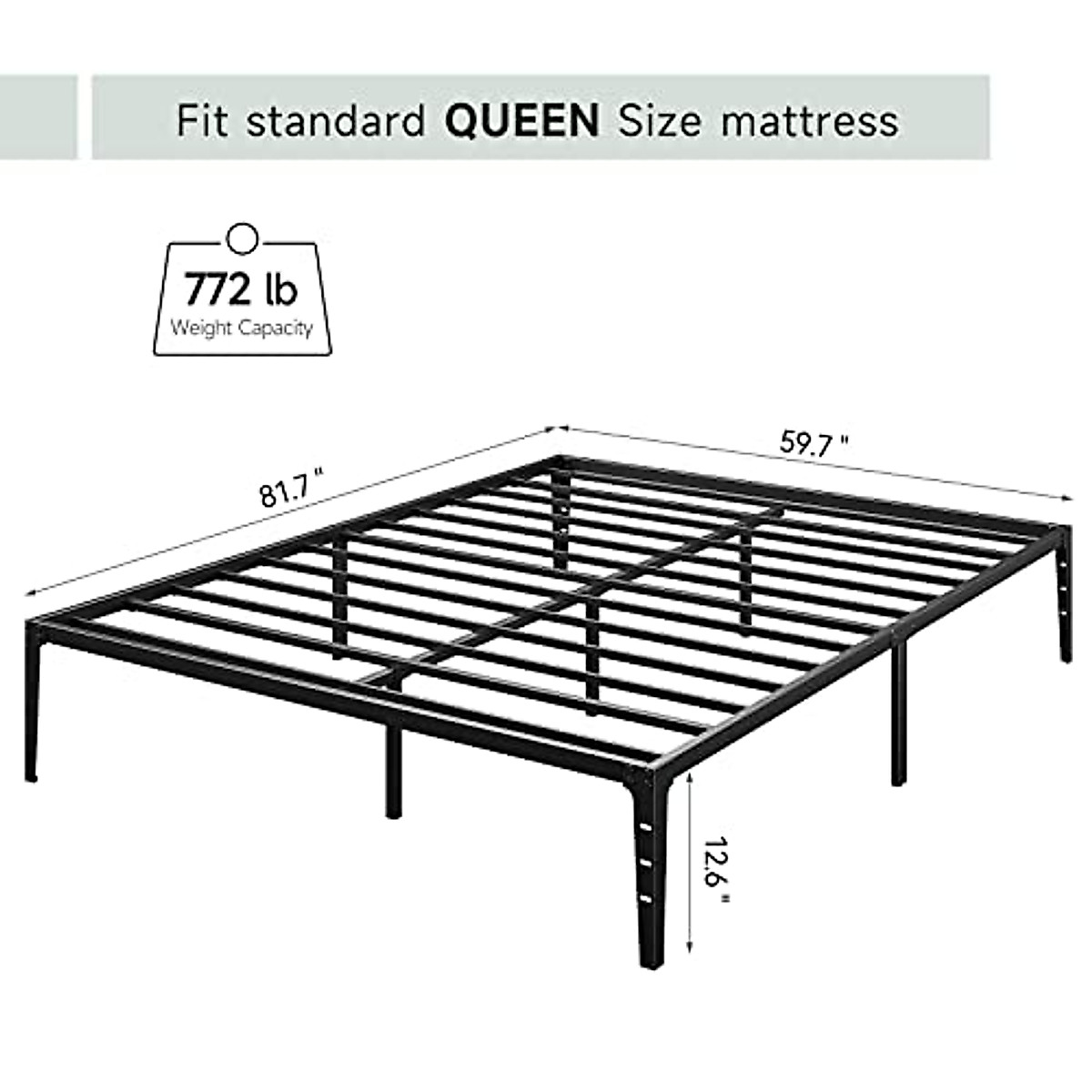 Alkmaar Queen Size Bed Frame, 14 Inch Black Metal Queen Bed Frame, No Box Spring Needed, Noise Free, Queen Size Platform Bed Frame