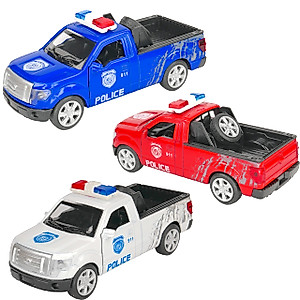 Set of 3 Police Pickup Truck Toys - Assorted Colors - Moveable Doors - for Kids Aged 8+