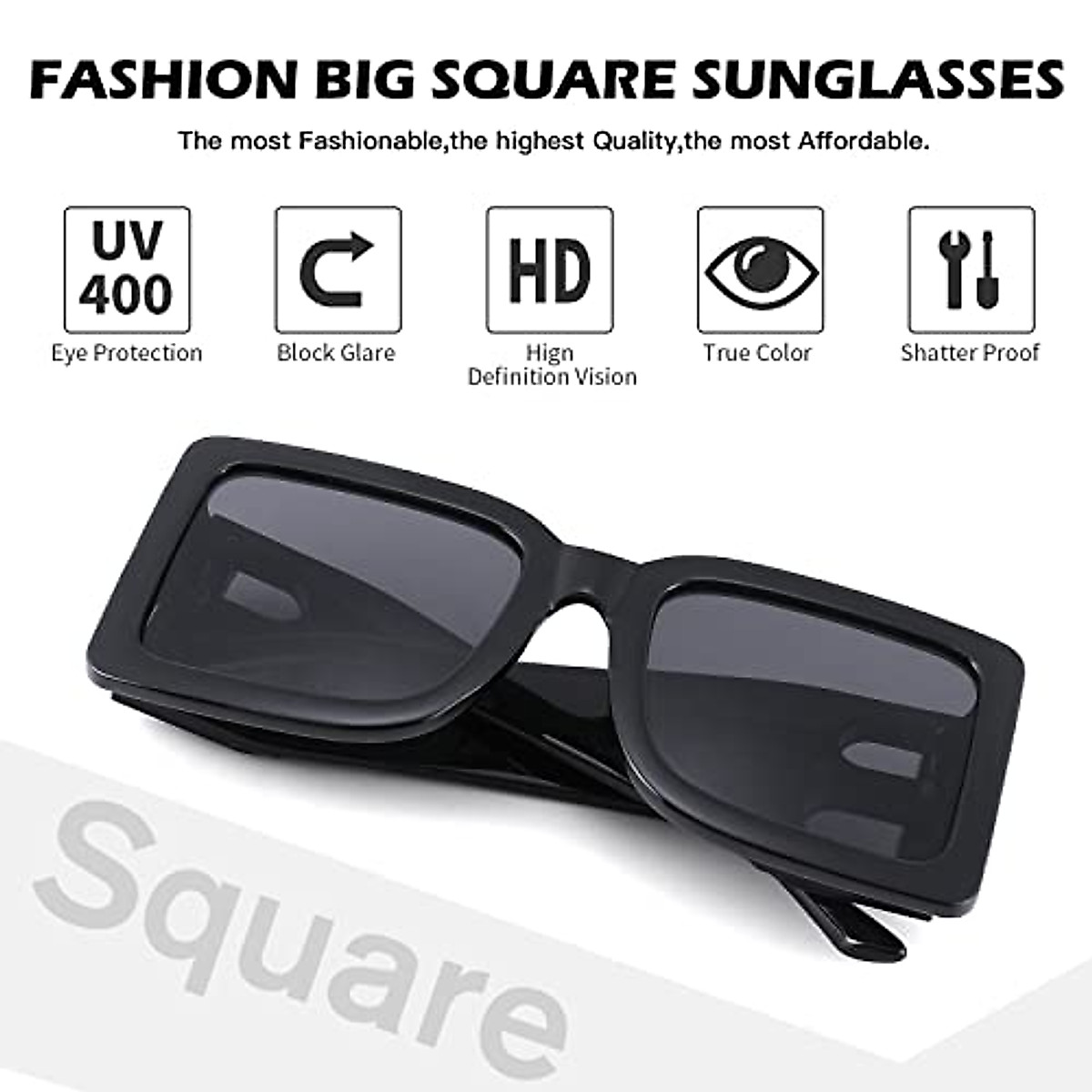 Bouryo Fashion Big Square Sunglasses for Women Men Trendy Black Thick Frame Luxury Designer Oversized Sun Glasses