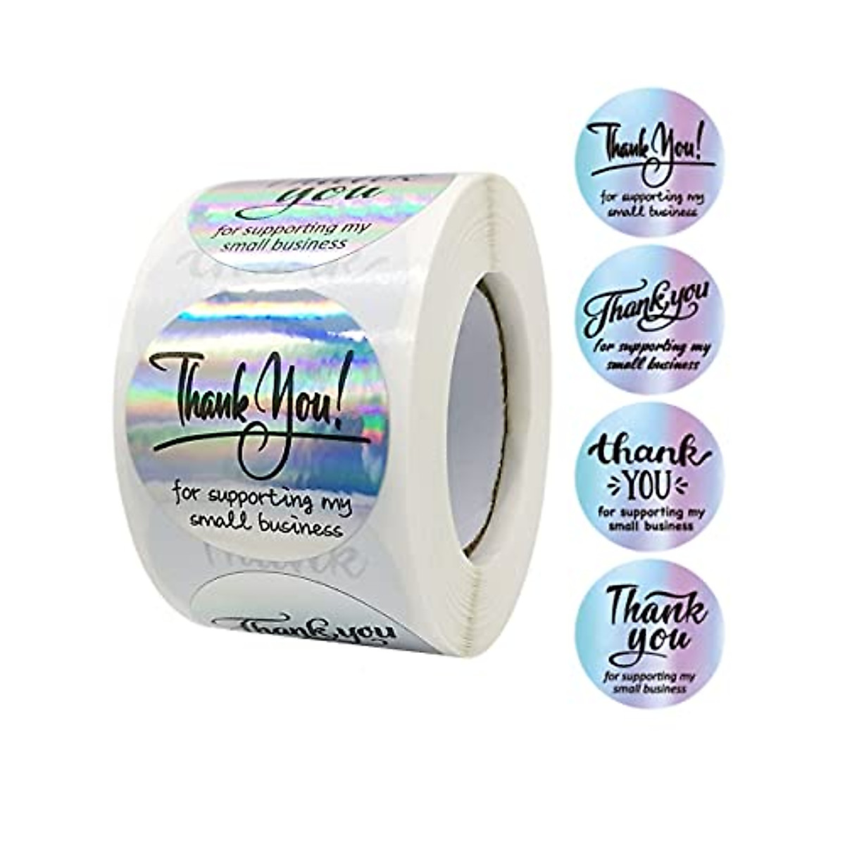 PMCDS2G 500pcs Thank You Stickers Holographic Four Patterns Water-Proof 1.5" in 1 Roll for Gift Décor Thank You Cards Small Business Handmade Crafts