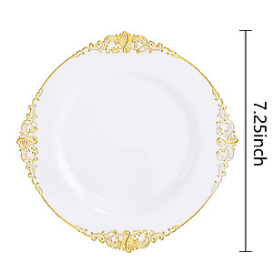 Nervure 100PCS White and Gold Plastic Plates - 7.5inch Gold Disposable Plates - Heavyweight Gold Plastic Plates - Gold Dessert Plates for Wedding & Party & Christmas