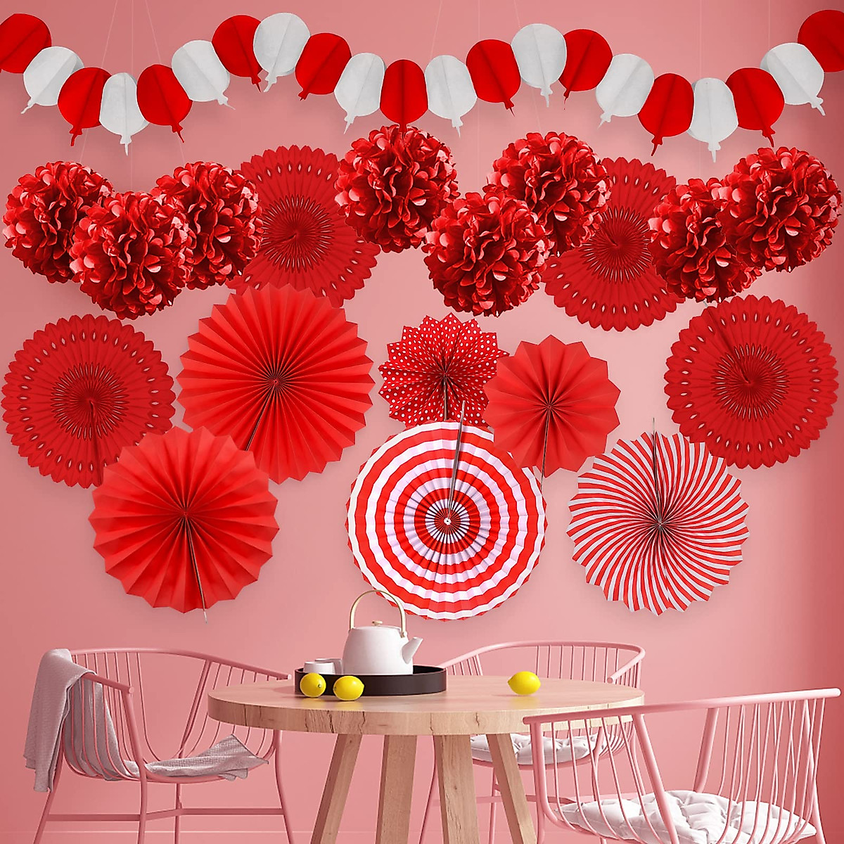 Recosis Red Party Decorations, Papar Fans Pompoms Fans Garlands for Birthday Bridal Baby Shower Wedding Graduation New Years Valentine's Day Party Decorations