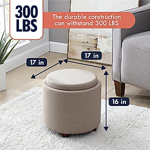 Ornavo Home Lawrence Round Storage Ottoman with Lift Off Lid and Tray Lid Coffee Table, Ottoman with Storage for Living Room, Bedroom and Office, Linen Beige