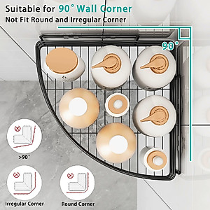 Corner Shower Shelves with 4 Hooks, 2-Tier Stainless Steel Bathroom Shower Organizers, Wall Mounted Caddy Shelves No Drilling with Adhesive, Triangle Storage Shelf for Toilet, Dorm and Kitchen, Black