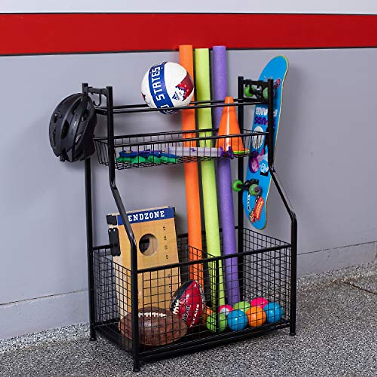 BirdRock Home Sports Equipment Ball Storage Rack for Garage - Baseball, Tennis, Football, Gym and Basketball Gear Organizer - Rack - Wide Bin Basket - 4 Hooks - Tools Garden Shovels Rack - Indoor