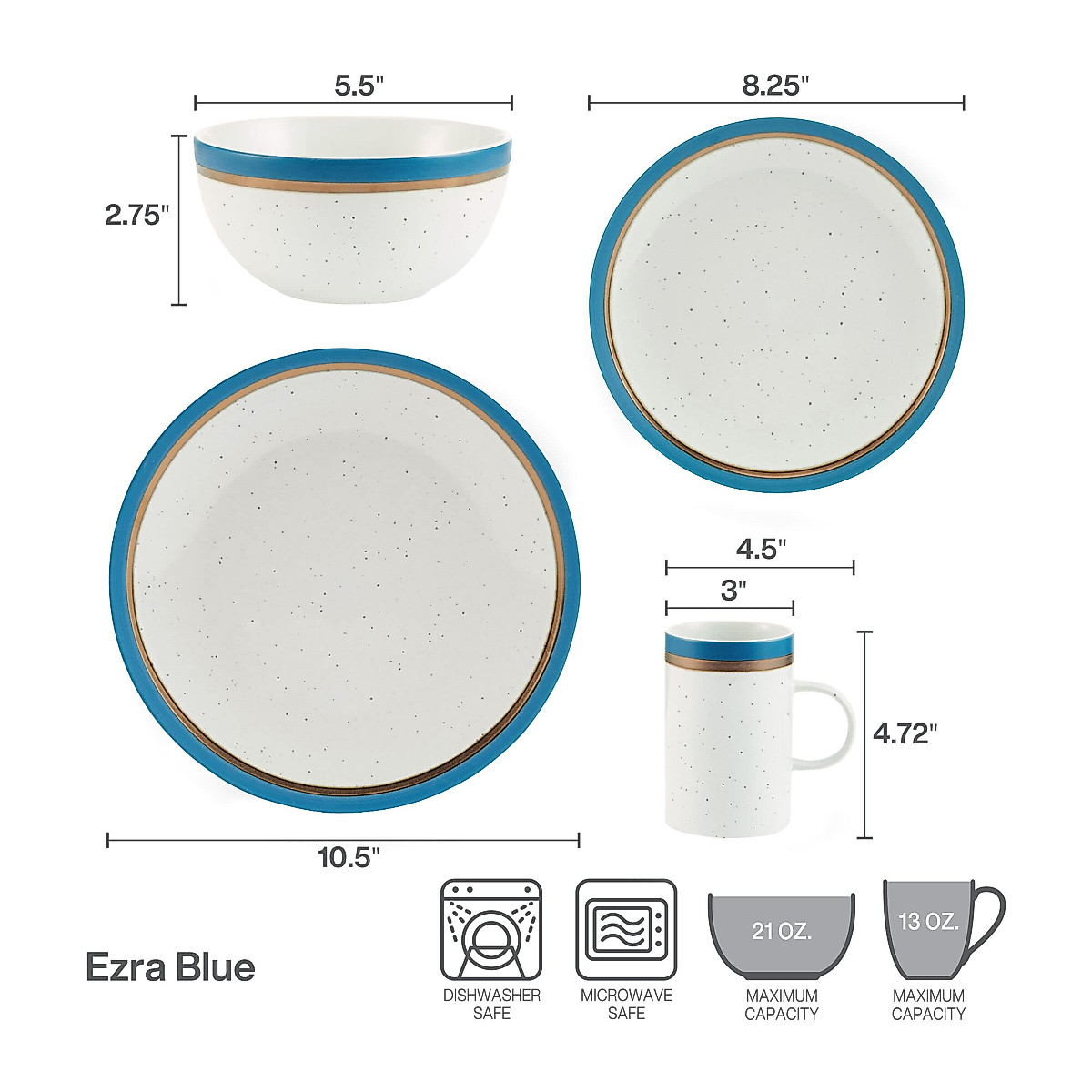 Pfaltzgraff Ezra Speckled 16 Piece Dinnerware Set, Service for 4, Blue Banded