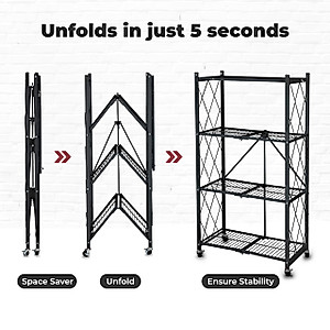 Origami 4 Tier Folding Storage Powder Coated Steel Garage Shelving Unit Indoor Home Portable Organizer Rack with Wheels, Set of 2, Black