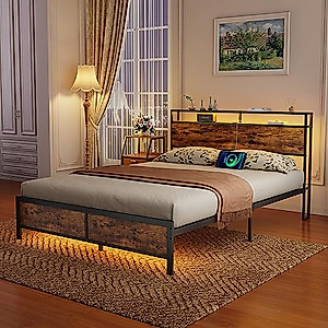 SYING88 Modern Bed Frame with LED Lights and 2 USB Ports Industrial Style,Bed Frame with Headboard/Noise-Free/No Box Spring Required for Bedrooms and Small Apartment(Antique Brown (Queen)