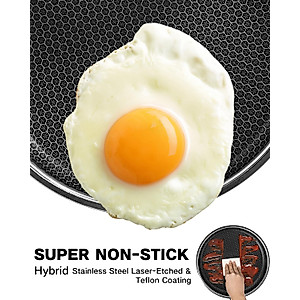 Bakpoco Frying Pans Nonstick, 12 inch Hybrid Non Stick Frying Pan with Lid, Stainless Steel Non Toxic PFOA Free Scratch-resistant Coating Skillets, Dishwasher & Oven Safe Induction Compatible Cookware