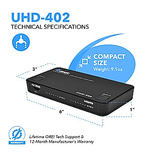 OREI 4K HDMI Matrix Switch 4 X 2, Switcher 18G UltraHD with Arc Supports upto 4K @ 60Hz & 1080P IR Remote Control - Full Matrix Selection (UHD-402)