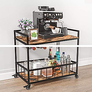 Industree Serving Cart on Wheels, 3-Tier Bar Cart with Wine Rack, Modern Wood and Metal Portable Coffee Cart Table for Home, Romantic Rustic Brown and Elegant Black, Family Party Cart(Max)