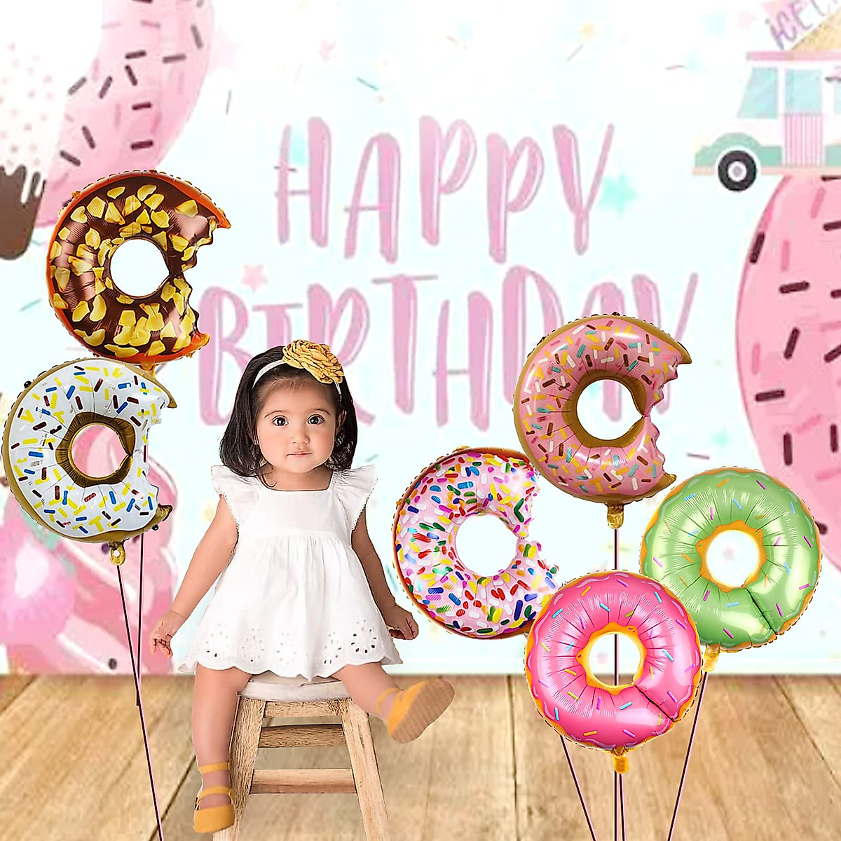 6 Pcs Donut Balloons Kit Large Multicolor Donut Aluminum Foil Balloons for Donut Theme Birthday Party Decorations Baby Shower Wedding Donut Time Candy Balloons（28 Inch）