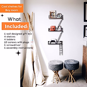 KOTIJOKI Fire Escape Wall Shelf - New York 4 Tier Metal Shelf with Screwdriver & Screws, for Home Décor Organizer, Action Figure Display (Black Floating Shelf)