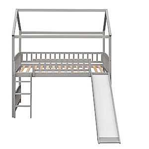LostCat Twin Size Loft Bed with Slide, House Shaped Solid Pine Wood Bed Frame w/Safety Guardrail & Ladder, No Box Spring Needed, Save Space Design, for Kids, Teens, Girls, Boys, Gray