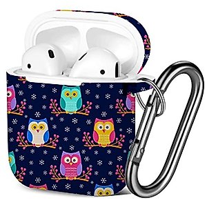 [ Compatible with AirPods 2 and 1 ] Shockproof Soft TPU Gel Case Cover with Keychain Carabiner for Apple AirPods (Cute Flat Owls Sitting)