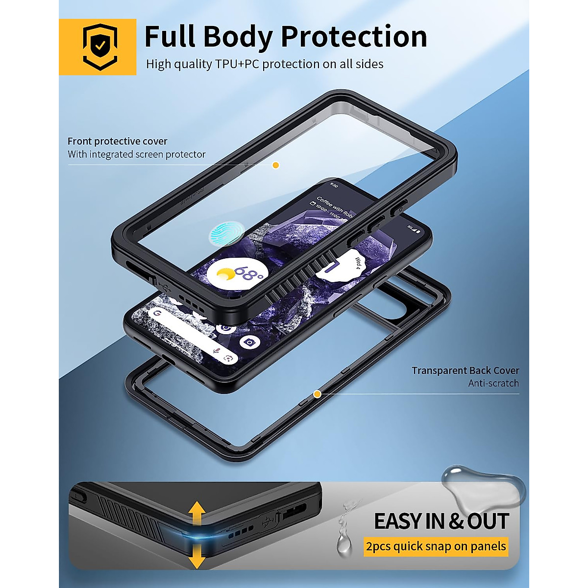 Lanhiem Pixel 8 Case, IP68 Waterproof Dustproof Case with Built-in Screen Protector, Rugged Full Body Shockproof Protective Clear Cover for Google Pixel 8 6.2 Inch, Black