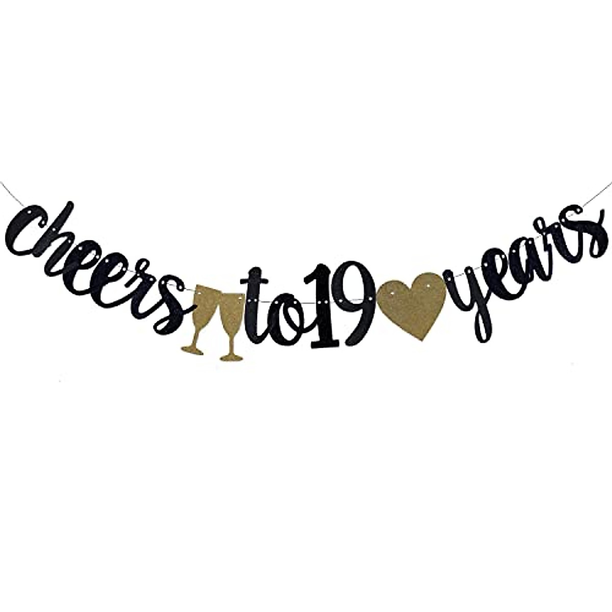 Cheers to 19 Years Banner Black Paper Sign Pre-Strung - Happy 19th Birthday Party Decorations - 19th Wedding Anniversary Decorations