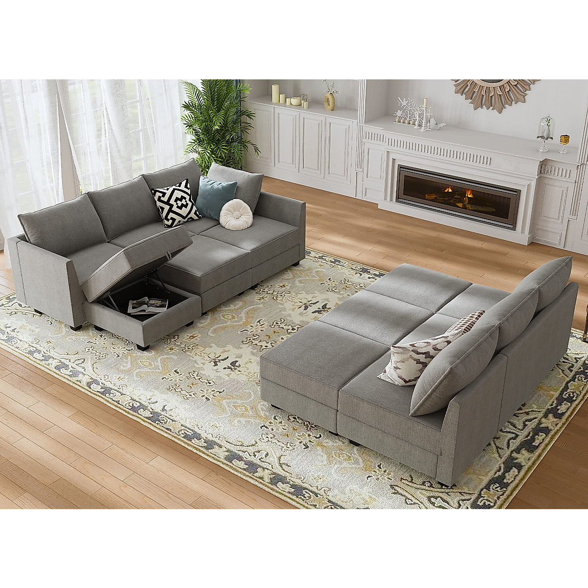 HONBAY Modular Sofa Couch with Storage Seats U Shaped Modular Sectional Sofa with Reversible Chiase Oversized Modular Sofa Sleeper Set with Ottomans, Grey