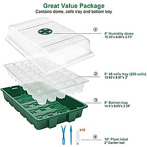 MIXC Seedling Trays Seed Starter Tray, 5-Pack Mini Propagator Plant Greenhouse Grow Kit with Humidity Vented Domes and Base for Seeds' Starting (40 Cells Per Tray, Total 200 Cells), Green